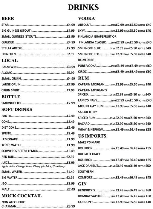 Menu at Enish Nigerian Restaurant, London, 228 Lewisham High St