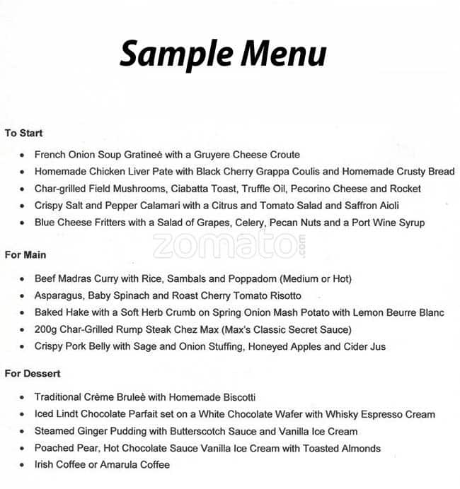 Menu at Chez Max restaurant, Cape Town