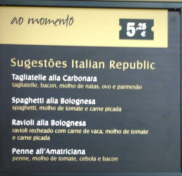 Menu em Italian Republic, Lisboa, Av. Eng. Duarte Pacheco Amoreiras ...