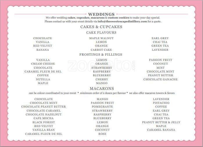 Menu at The Sweet Escape desserts, Toronto