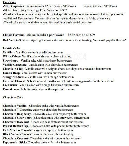 Menu at The Sweet Escape desserts, Toronto