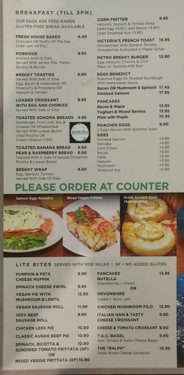 Menu at Metropole Cafe, Sydney
