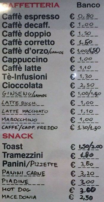 Menu at Dolce Bar, Rome, Via Giovanni da Castel Bolognese