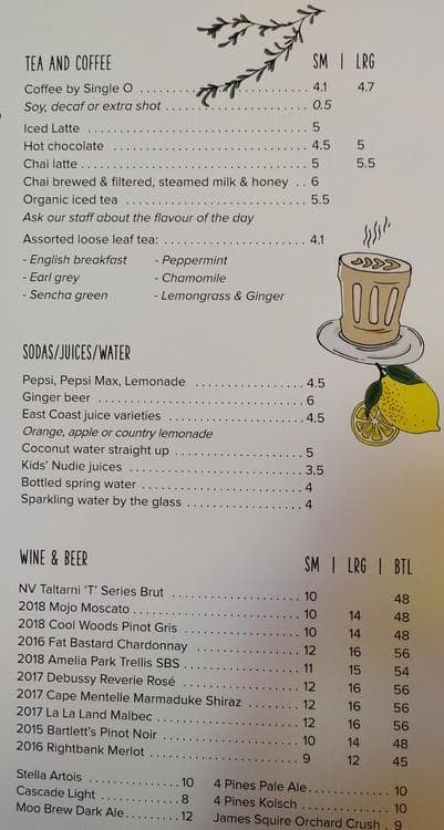 Menu at The Gallery Cafe, Sydney