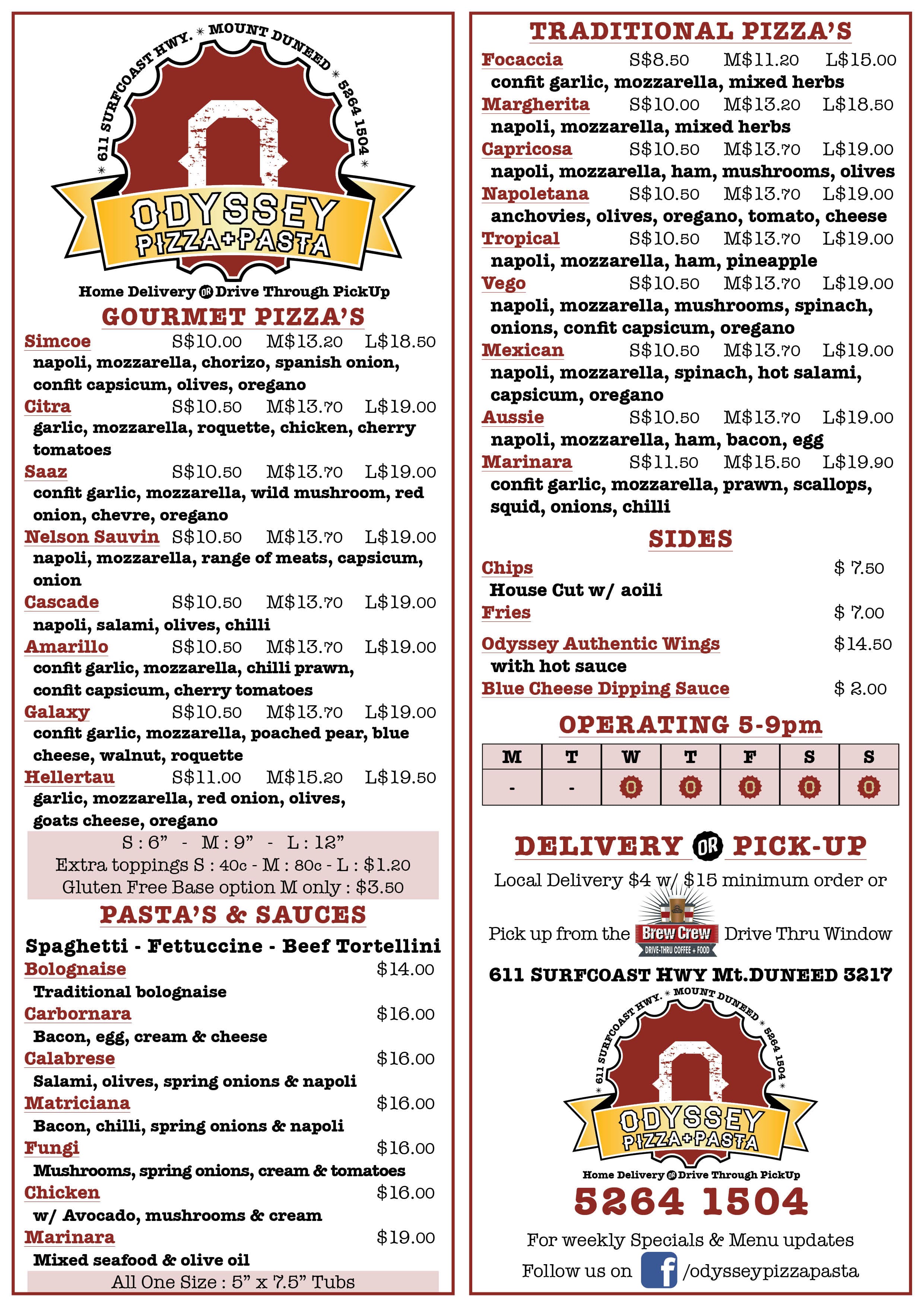 Menu at Odyssey Tavern & Brewery restaurant, Mount Duneed, 611 Surf ...