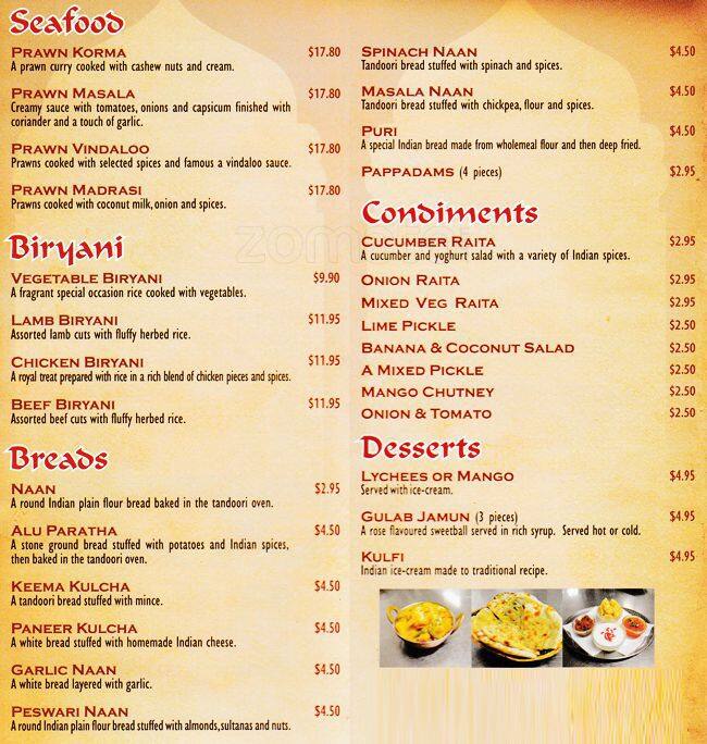 Menu at Shah Jaha, Coolangatta