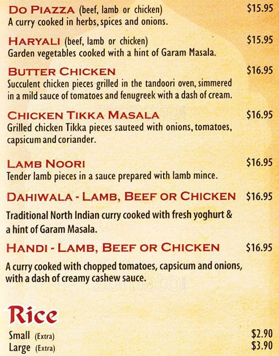 Menu at Shah Jaha, Coolangatta