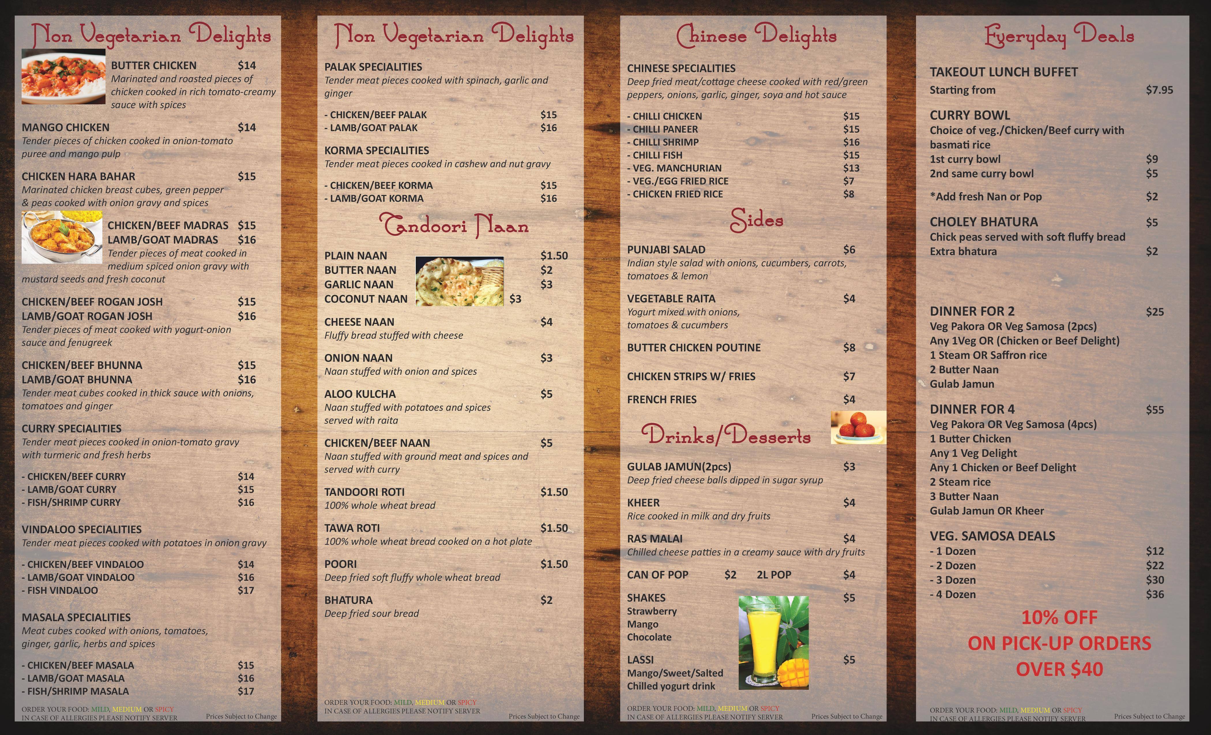 Menu at Tandoor N Flame restaurant an Indian cuisine, Red Deer