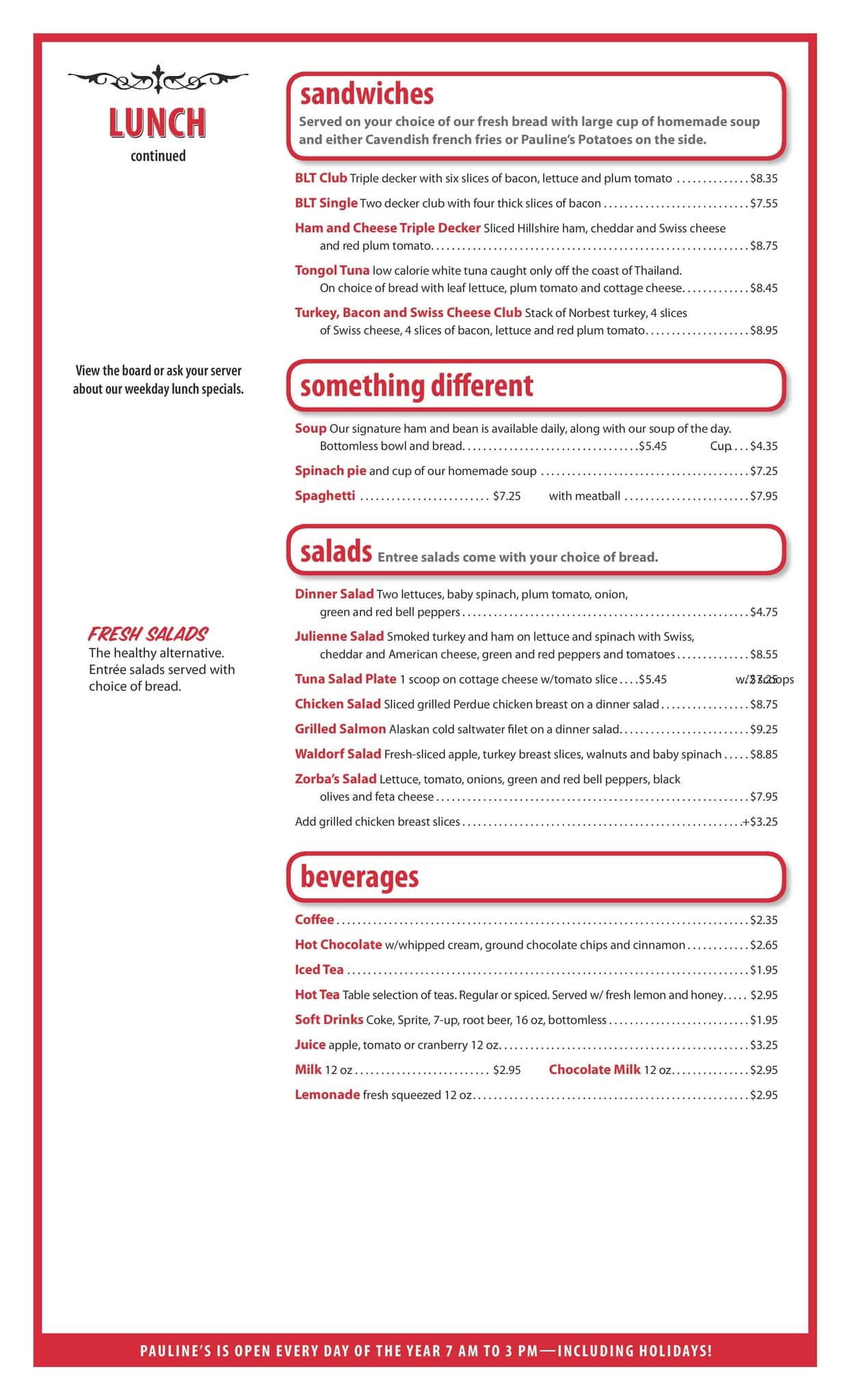 Menu at Pauline's restaurant, Chicago, W Fullerton Ave