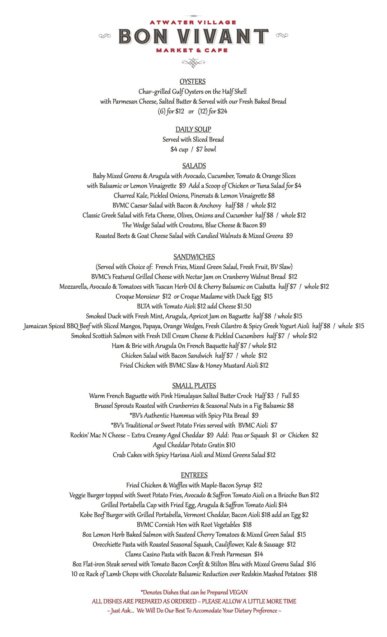 Menu at Bon Vivant Market & Café pub & bar, Los Angeles