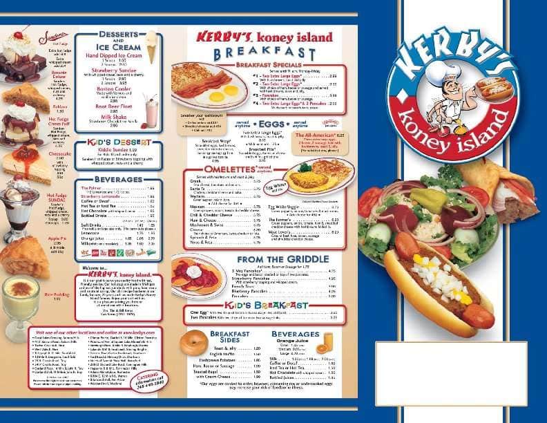 Menu at Kerby's Koney Island restaurant, Southfield, Northwestern Hwy