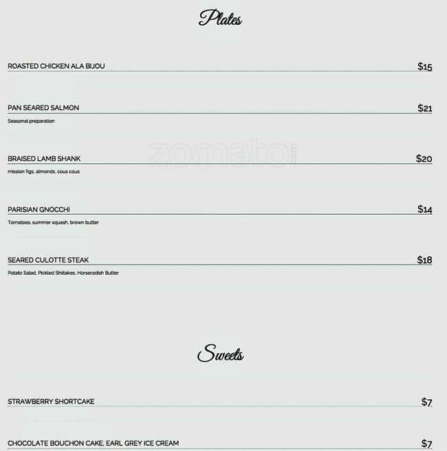 Menu at Bijou Café restaurant, Portland