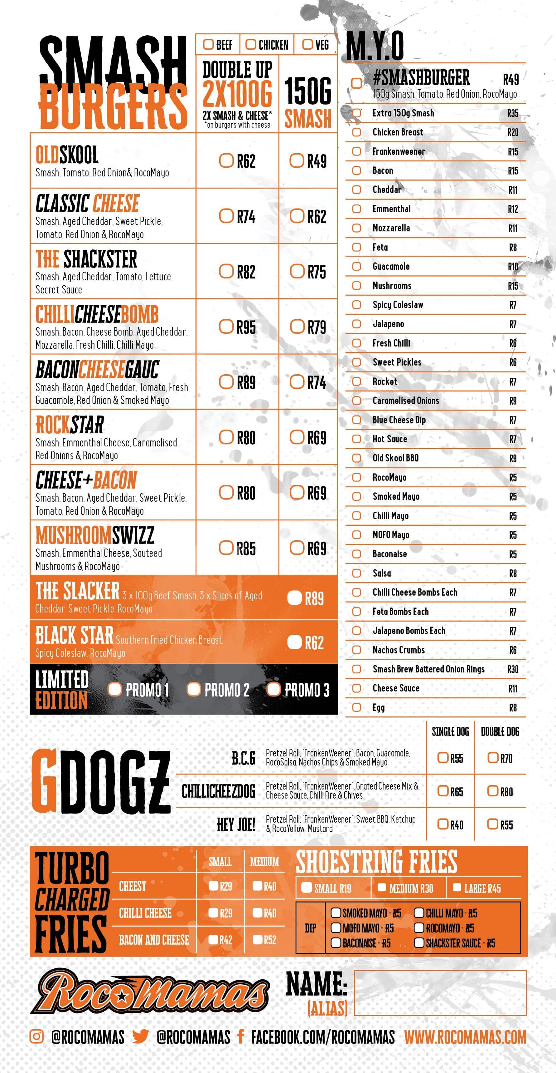 Menu at RocoMamas Menlyn restaurant, Pretoria, Shop LF99