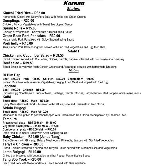 Menu au Propaganda restaurant, Pretoria