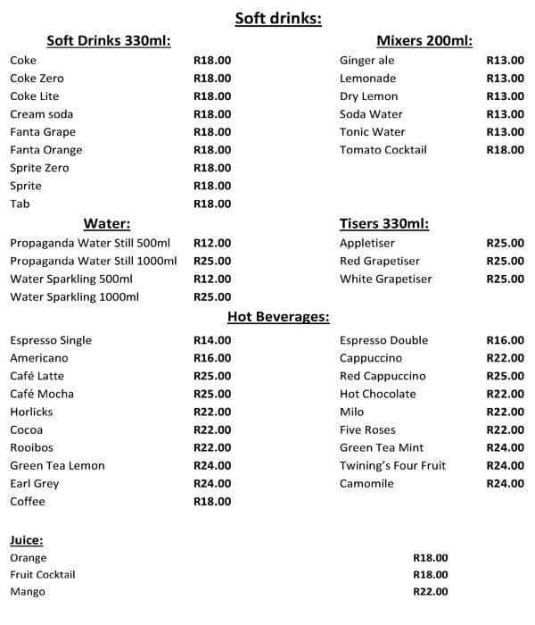 Menu au Propaganda restaurant, Pretoria