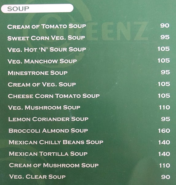 Menu of Greenz Restaurant, Infocity, Gandhinagar