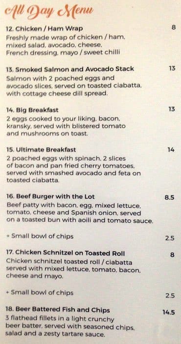 Menu at DJ's Cafe, Bayswater