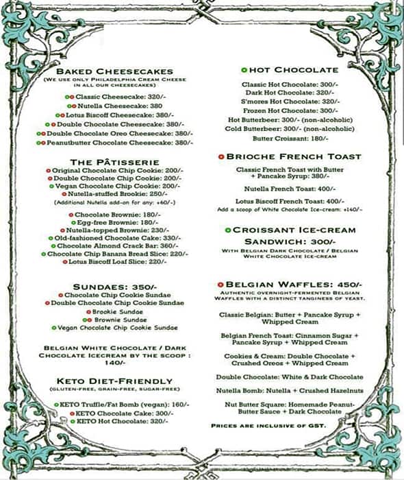 Menu of Chantilly, Pali Hill, Bandra West, Mumbai