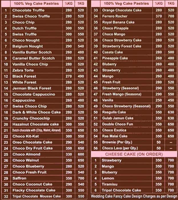 Menu of Chef Bakery, Worli, Mumbai