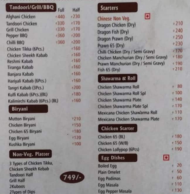 Menu of Taj Restaurant, Royapuram, Chennai