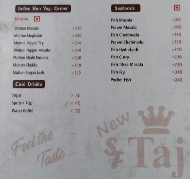 Menu at Taj Restaurant, Chennai, 73, GEC Tower