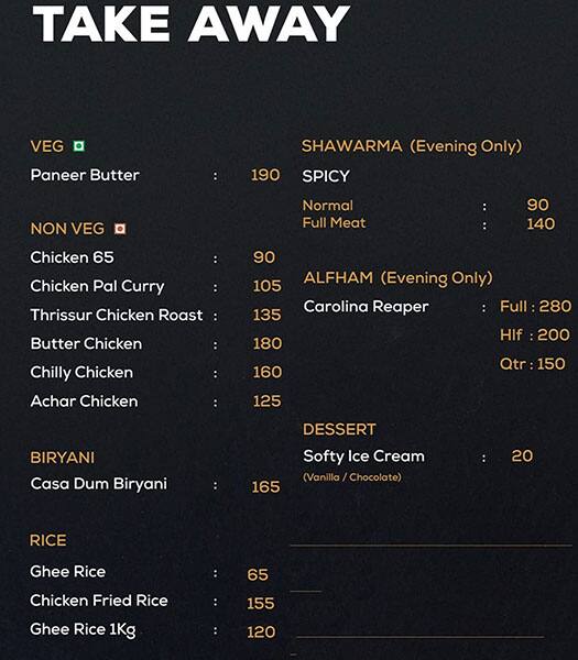 Menu at Thomson's Casa, Thrissur