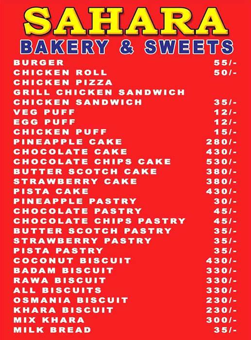 Menu of Sahara Bakers, Charminar, Hyderabad