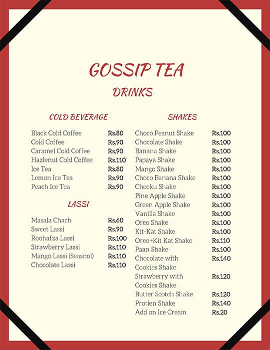 Menu of Gossip Tea, Sector 66, Gurgaon