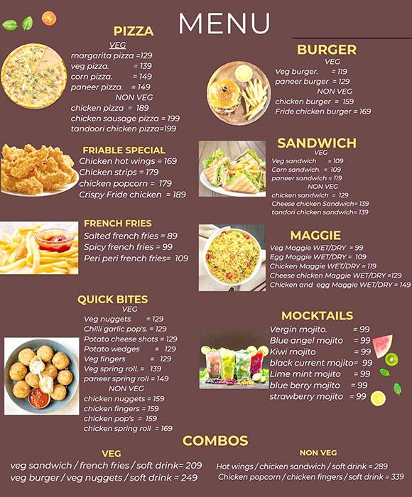 Menu of Friable Kitchens, Nizampet, Hyderabad