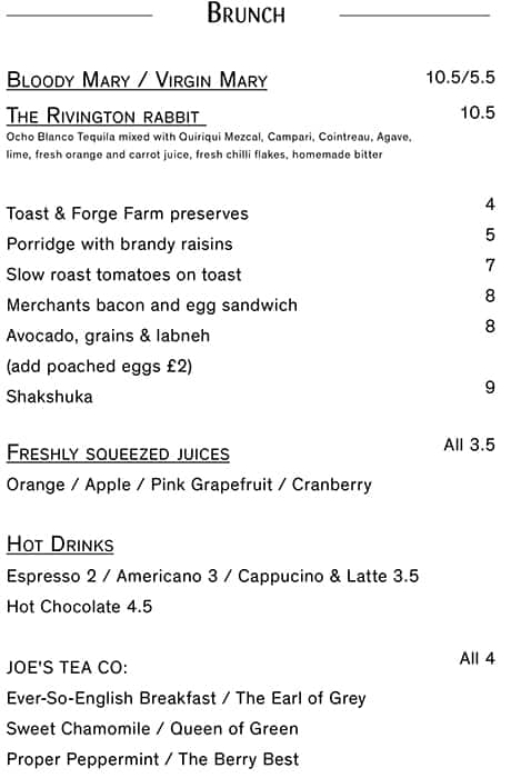 Menu at Merchants Tavern restaurant, London