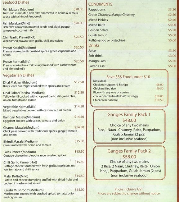 Menu at Ganges restaurant, Alexander Heights