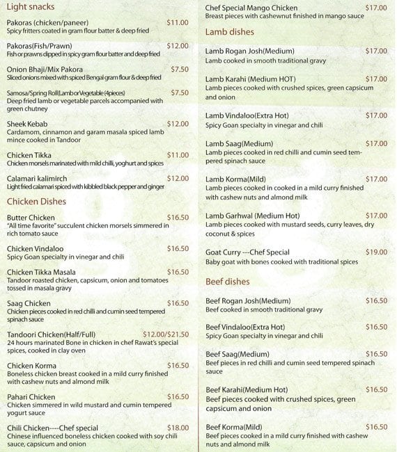 Menu at Ganges restaurant, Alexander Heights