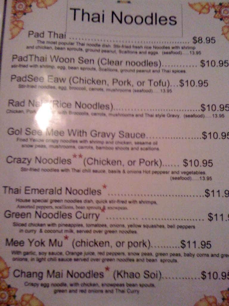 Menu at Bangkok Thai restaurant, Lyndhurst