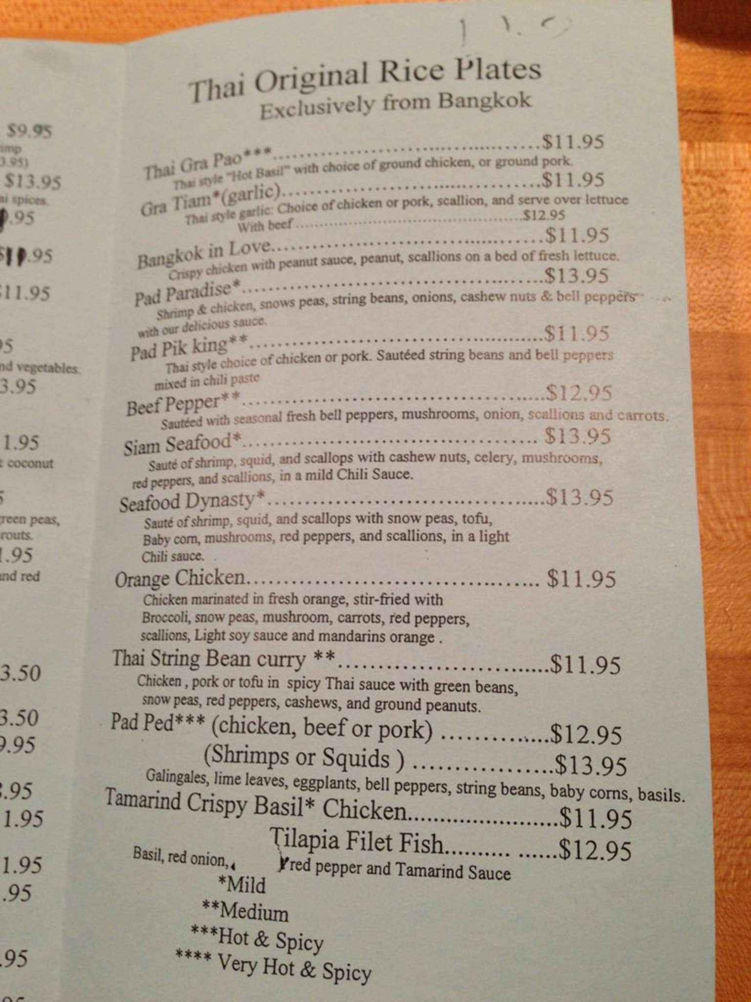 Menu at Bangkok Thai restaurant, Lyndhurst