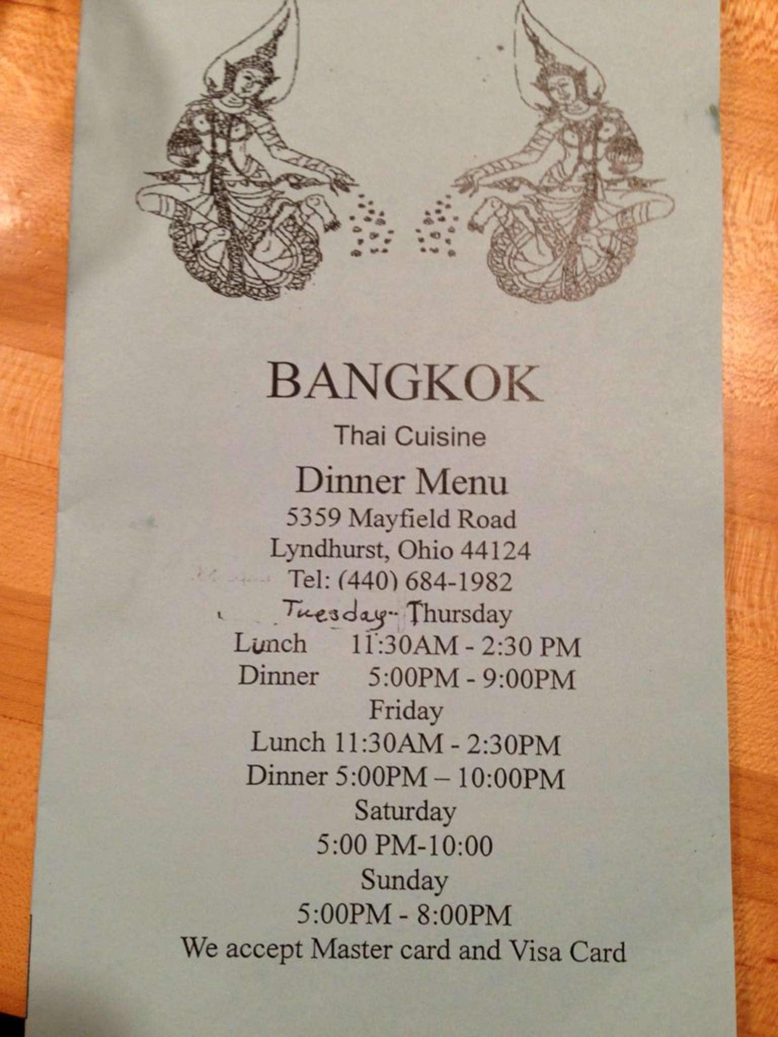 Menu at Bangkok Thai restaurant, Lyndhurst