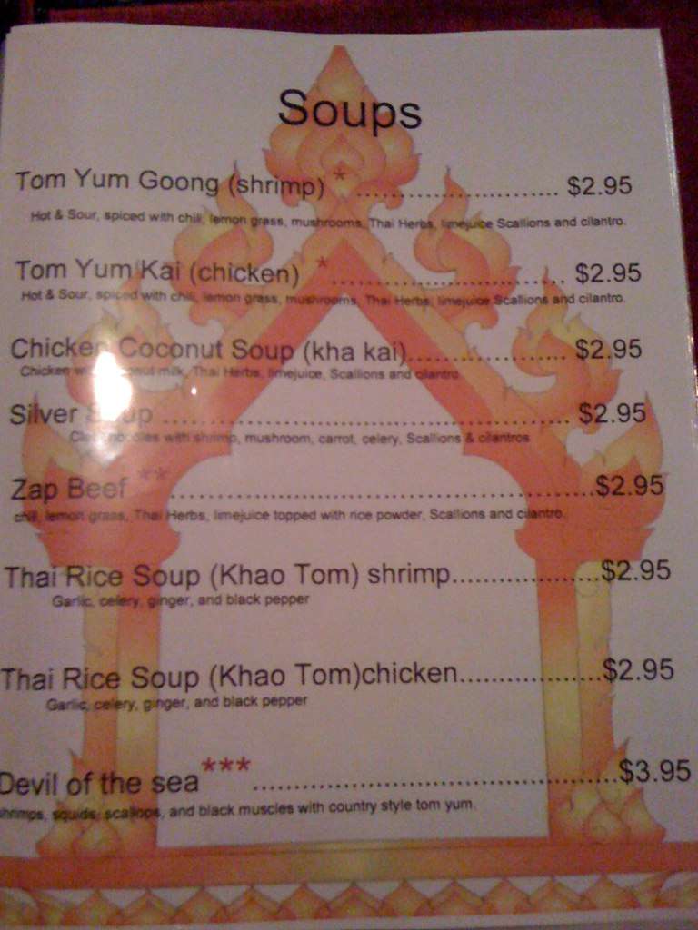 Menu at Bangkok Thai restaurant, Lyndhurst