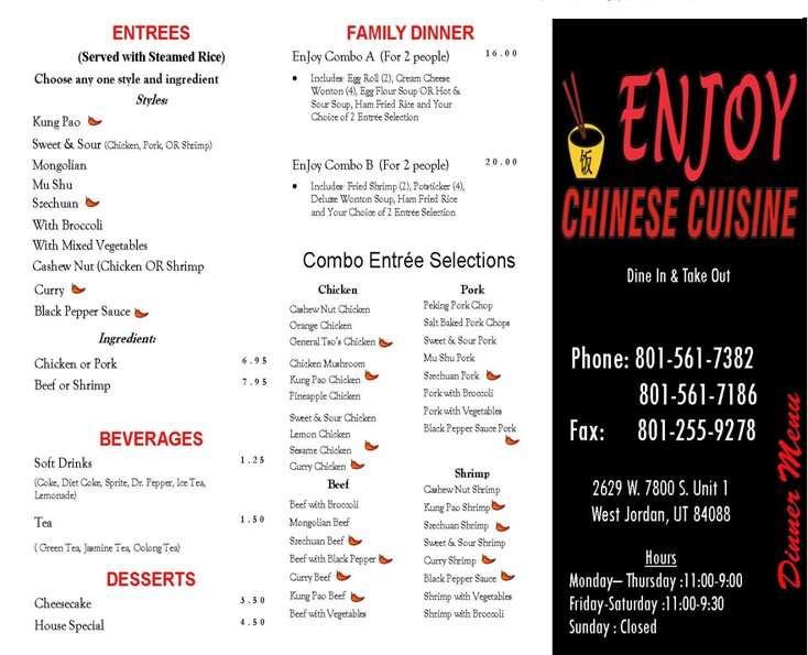 Menu at Enjoy Chinese Cuisine restaurant, West Jordan