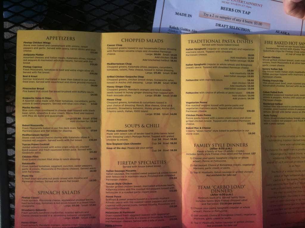 Menu at FireTap Alehouse pub & bar, Anchorage, O'Malley Centre Dr
