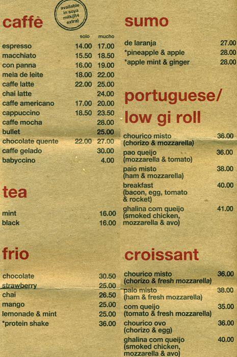 Menu at Vida E Caffe cafe, Nelspruit