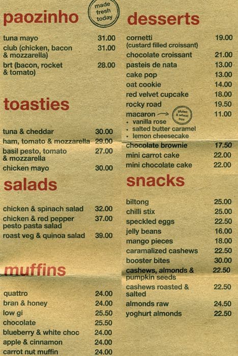 Vida E Caffe menu, Menu restauracji Vida E Caffe, Nelspruit, Nelspruit ...