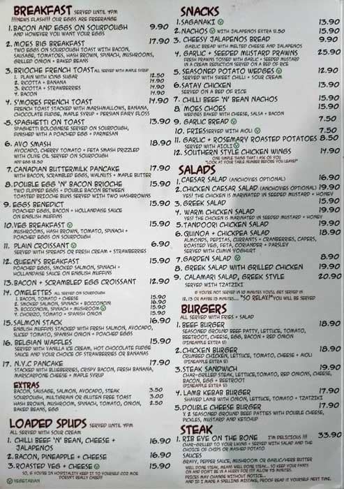 Menu at Lazy Moe's restaurant, Bendigo