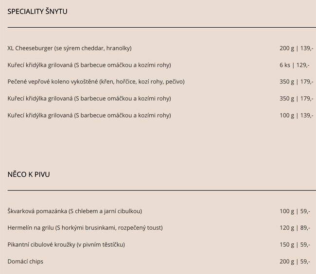 Menu at Šnyt Pálavanka pub & bar, Brno