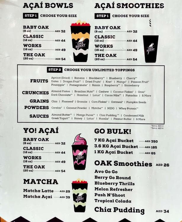 Menu of Oakberry, Al Barsha, Dubai