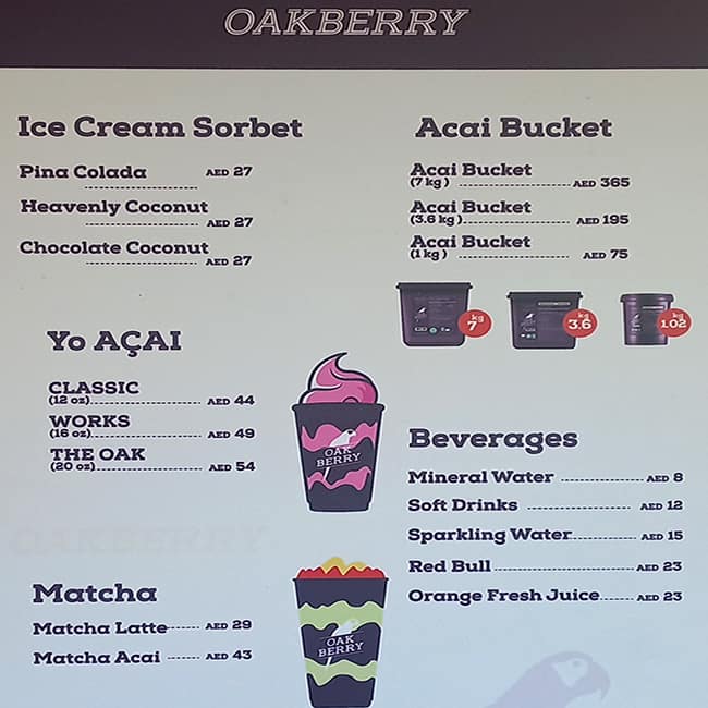 Menu of Oakberry, Al Barsha, Dubai
