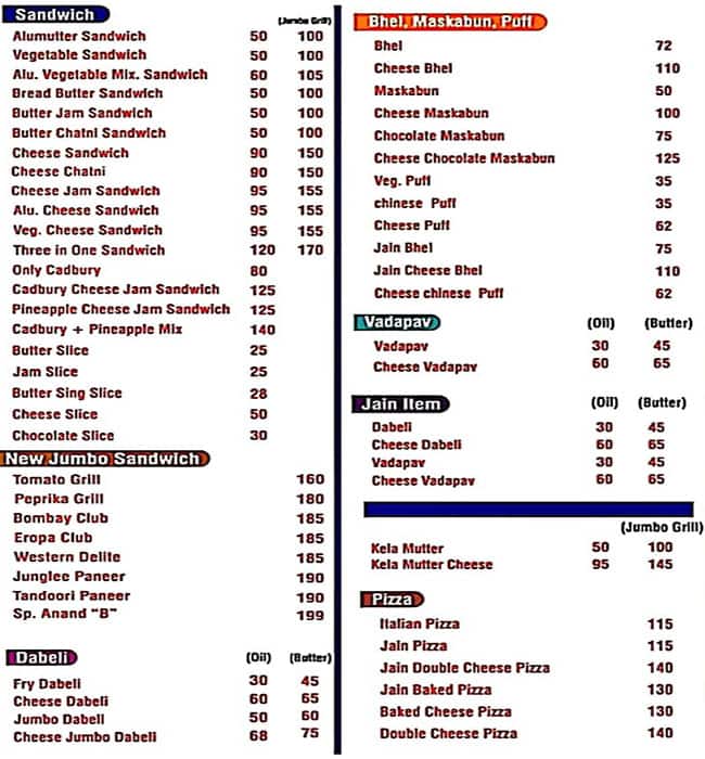 Menu at Anand Sandwich, Ahmedabad, 3G7J+2G7