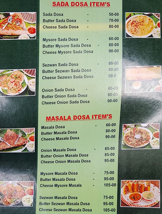 Menu of Sainath Dosa Center, Matunga East, Mumbai