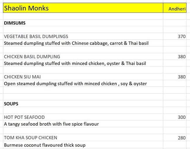Menu at Shaolin Monks, Mumbai
