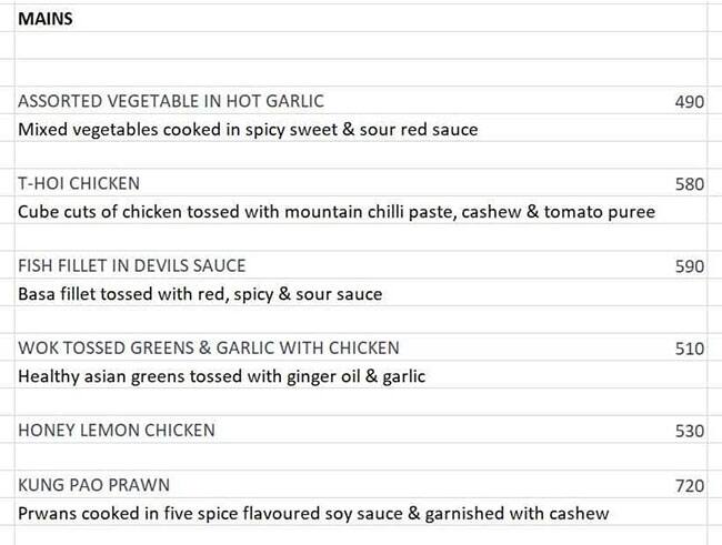 Menu at Shaolin Monks, Mumbai