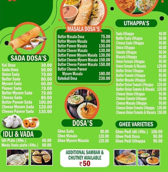 Menu of Dosa Corner, Pallavaram, Chennai