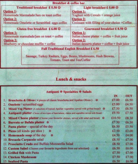 Menu at La Masseria cafe, London, 69 Upper Berkeley St